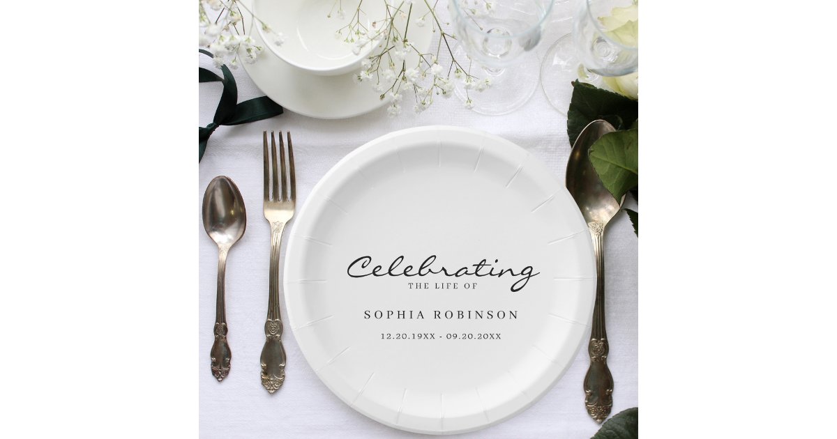 Celebration of Life Elegant Script Funeral Paper Plates | Zazzle