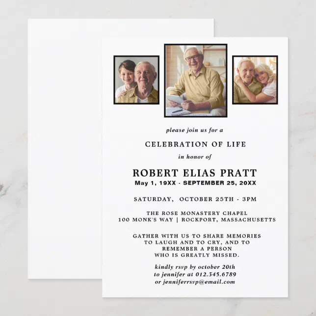 Celebration of Life Elegant White 3 Photo Invitation | Zazzle