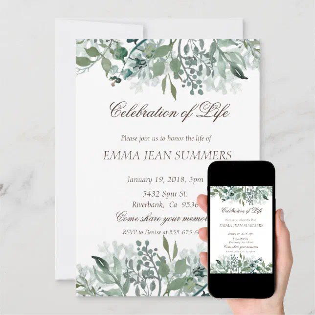 Celebration of Life Foliage Leaves Greenery Invitation | Zazzle