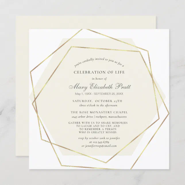 Celebration of Life Funeral Gold Geometric Frame Invitation | Zazzle