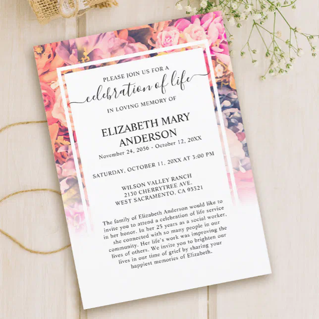 Celebration of Life Funeral Memorial Bright Floral Invitation | Zazzle