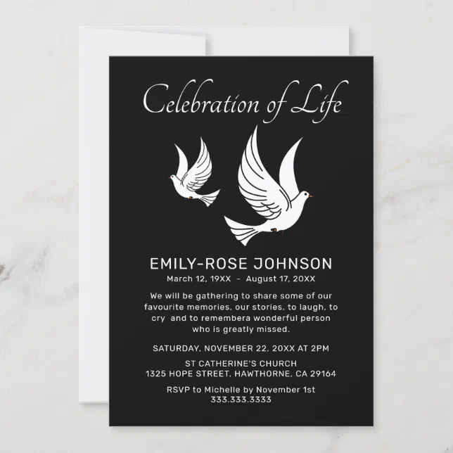 Celebration of Life | Funeral Memorial Doves Invitation | Zazzle