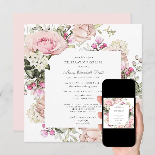 Celebration of Life Funeral Memorial Pink Floral I Invitation | Zazzle