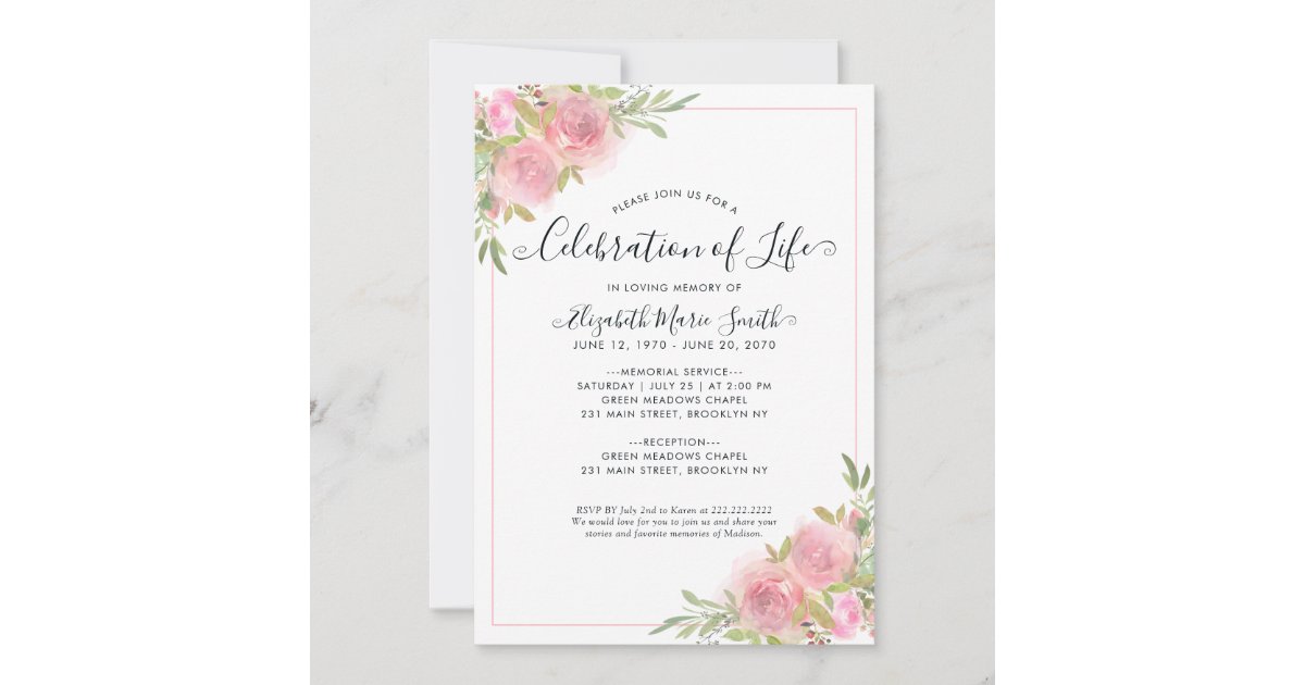 Celebration of Life Funeral Memorial Pink Floral Invitation | Zazzle