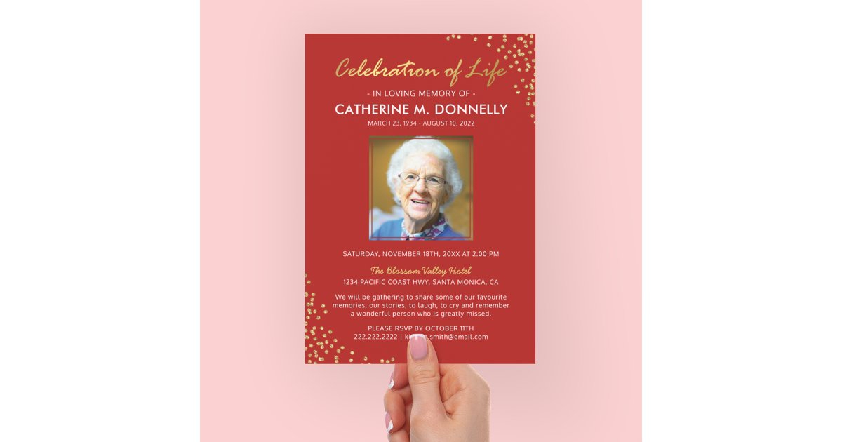 Celebration of Life | Funeral Memorial Red Gold Invitation | Zazzle