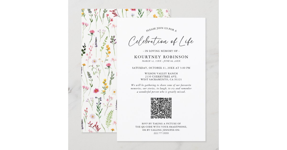 Celebration of Life | Funeral QR Code Wildflower Invitation | Zazzle
