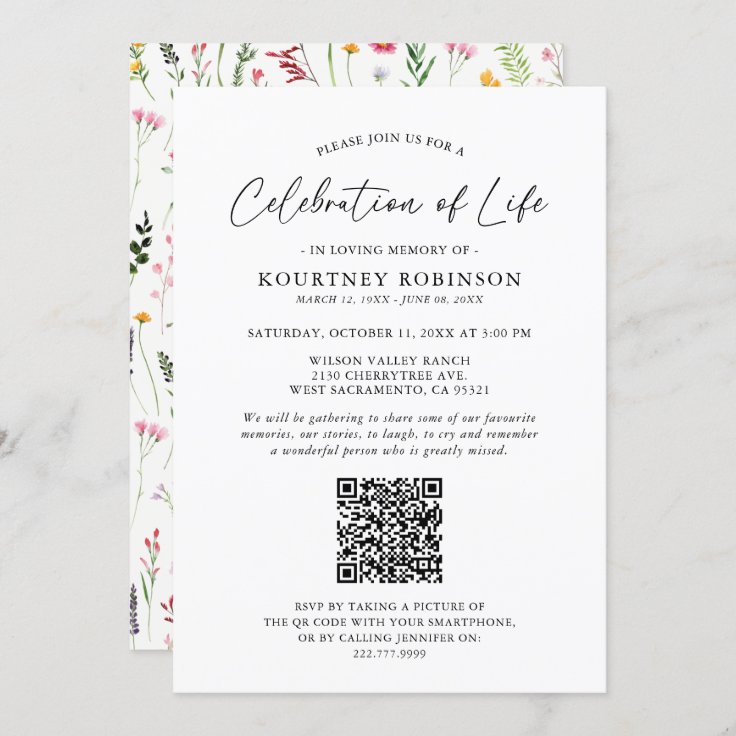 Celebration of Life | Funeral QR Code Wildflower Invitation | Zazzle