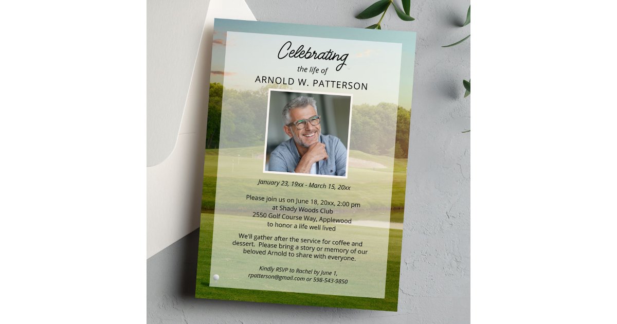 Celebration of Life Golf Themed Photo Funeral Invitation | Zazzle