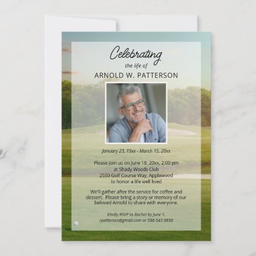 Celebration of Life Golf Themed Photo Funeral Invitation | Zazzle