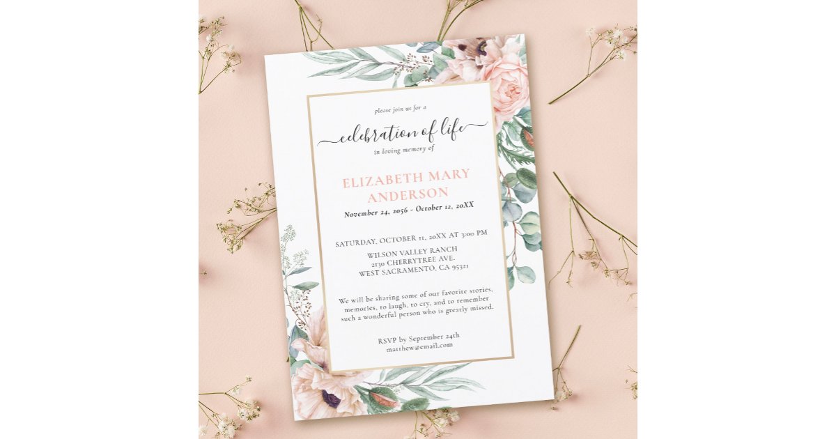 Celebration of Life Memorial Blush Pink Floral Invitation | Zazzle