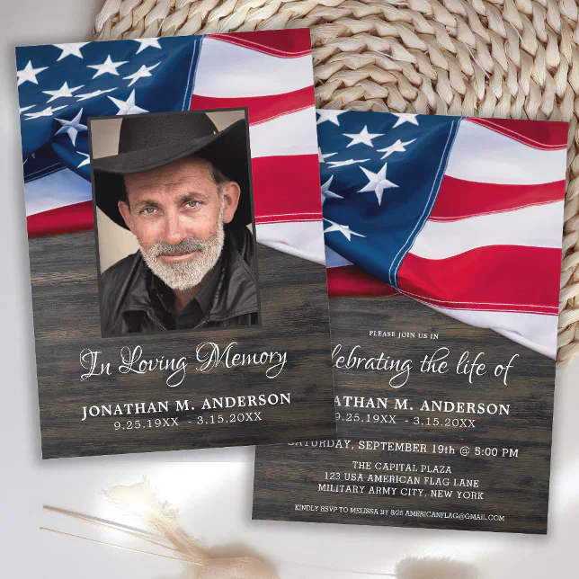 Celebration Of Life Military Veteran US Flag Photo Invitation | Zazzle