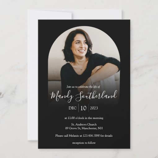 Celebration of Life Modern Black Arch Photo Frame Invitation | Zazzle
