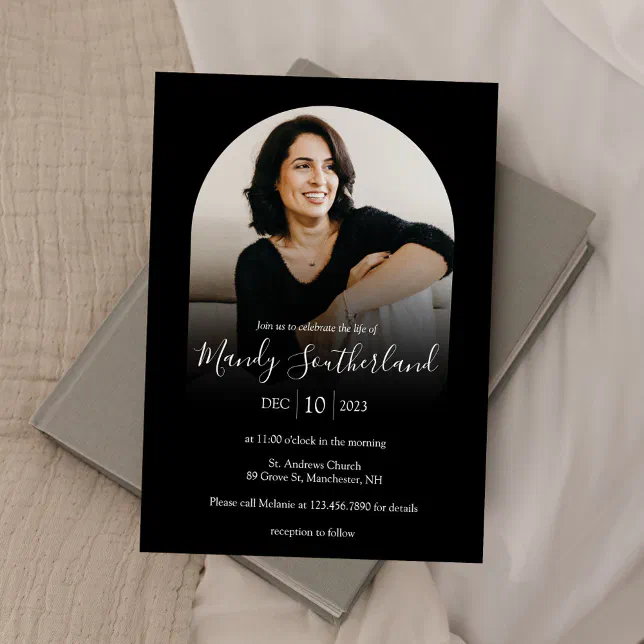 Celebration of Life Modern Black Arch Photo Frame Invitation | Zazzle