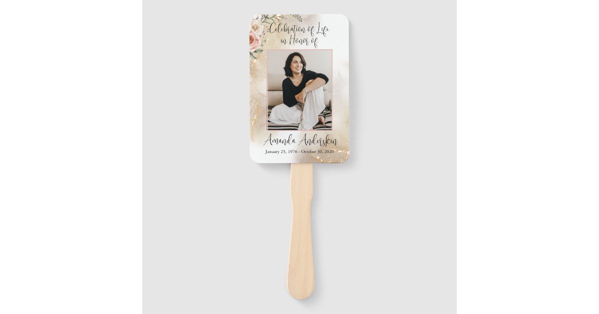 Celebration of Life Peach and Gold Obituary Hand Fan | Zazzle