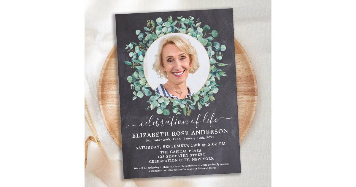 Celebration Of Life Photo Eucalyptus Greenery Invi Invitation | Zazzle
