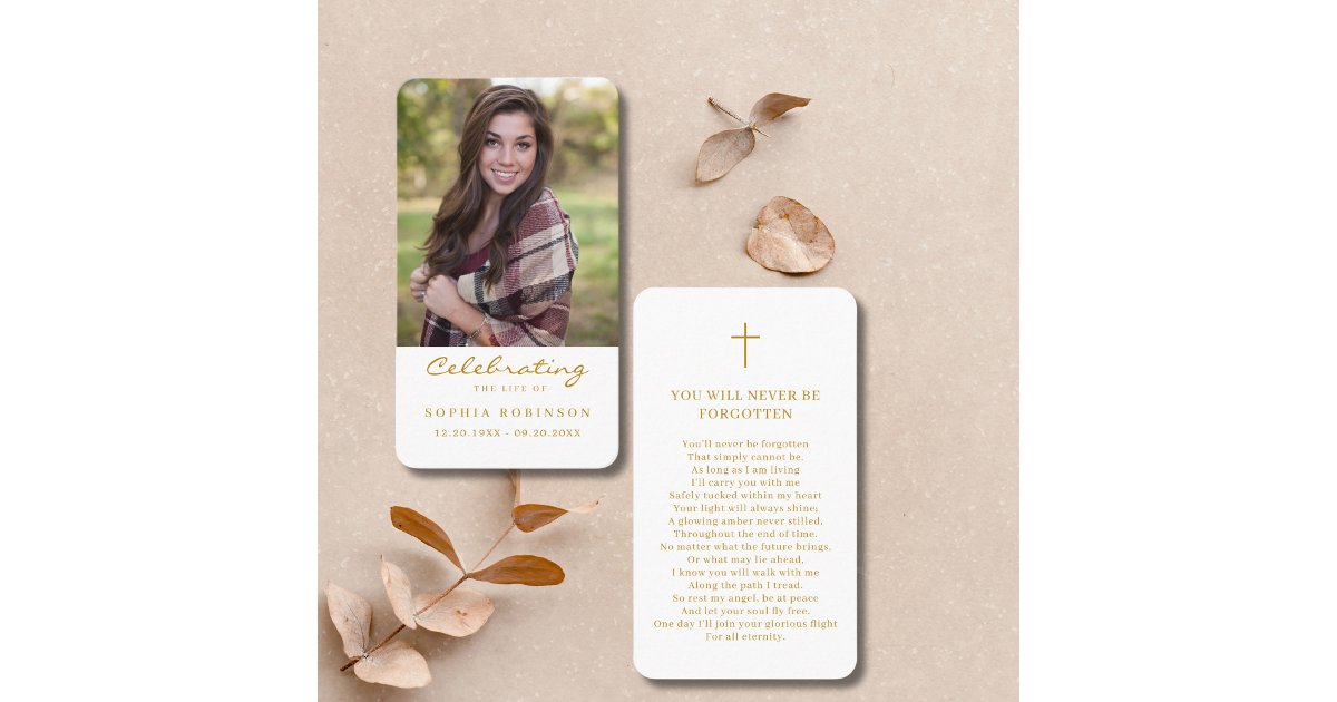 Celebration of Life Photo Gold Funeral Prayer Card | Zazzle