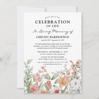 Celebration of Life Pink & Peach Floral Memorial Invitation | Zazzle