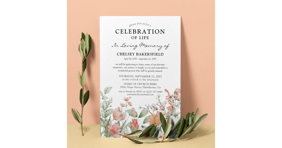 Celebration of Life Pink & Peach Floral Memorial Invitation | Zazzle
