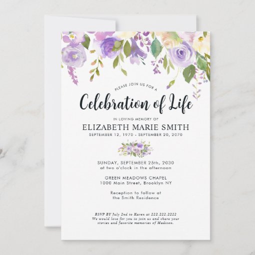 Celebration of Life Purple Floral Funeral Memorial Invitation | Zazzle