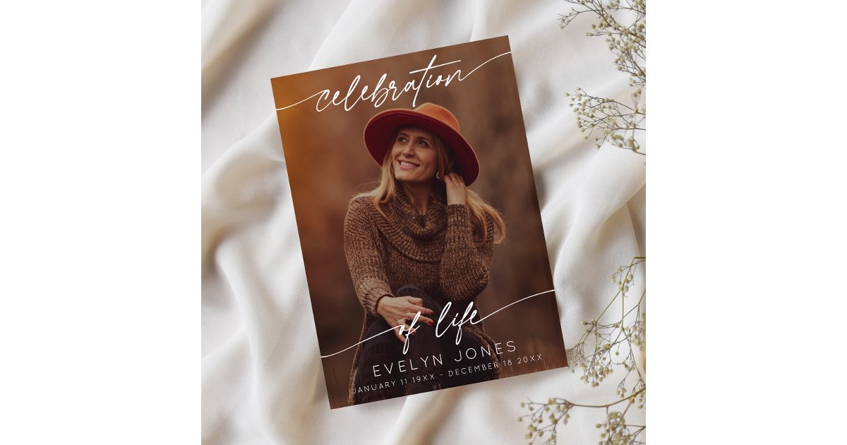 Celebration of Life Script Funeral Photo | Black Thank You Card | Zazzle