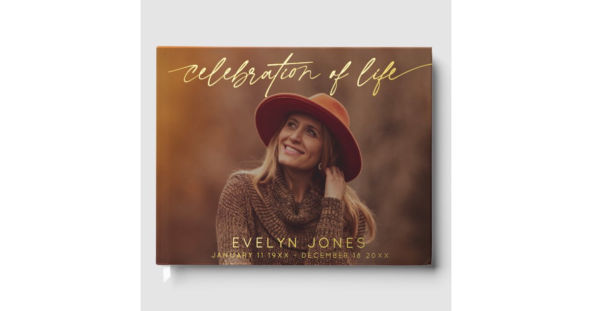 Celebration of Life Script Funeral Photo Foil Guest Book | Zazzle
