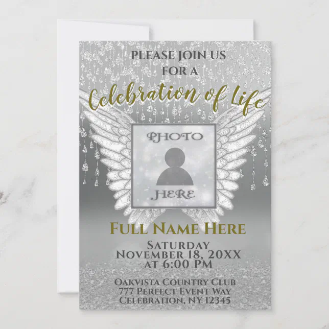 Celebration of Life - Silver and Gold Add Photo Invitation | Zazzle