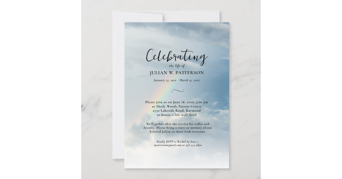 Celebration of Life, Sky Clouds Rainbow Funeral Invitation | Zazzle