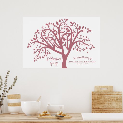 Celebration of Life Tree Modern Pink Script Poster | Zazzle