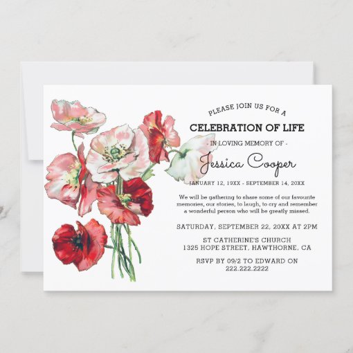 Celebration of Life | Watercolor Red Poppy Funeral Invitation | Zazzle