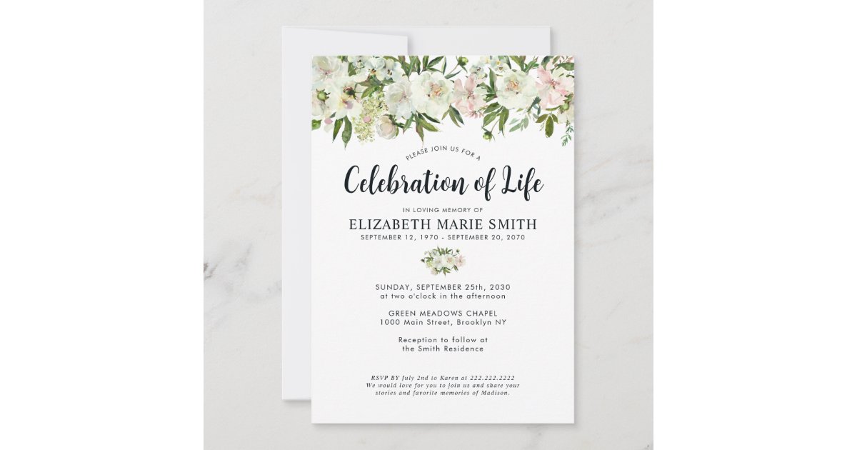 Celebration of Life White Floral Funeral Memorial Invitation | Zazzle