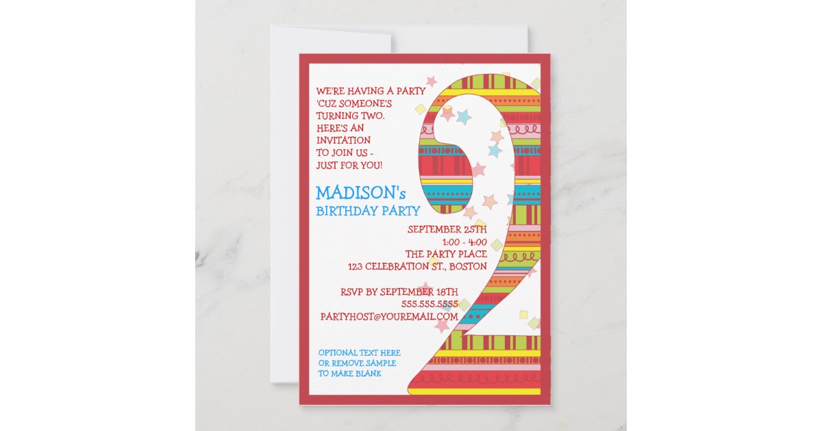 Celebration Stripes Number 2 Second Birthday Party Invitation | Zazzle