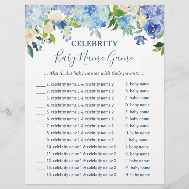 Celebrity Baby Names Game Blue Hydrangea Floral | Zazzle