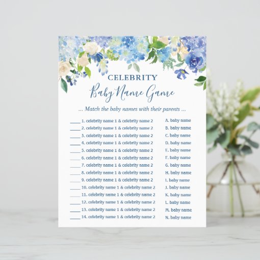 Celebrity Baby Names Game Blue Hydrangea Floral | Zazzle
