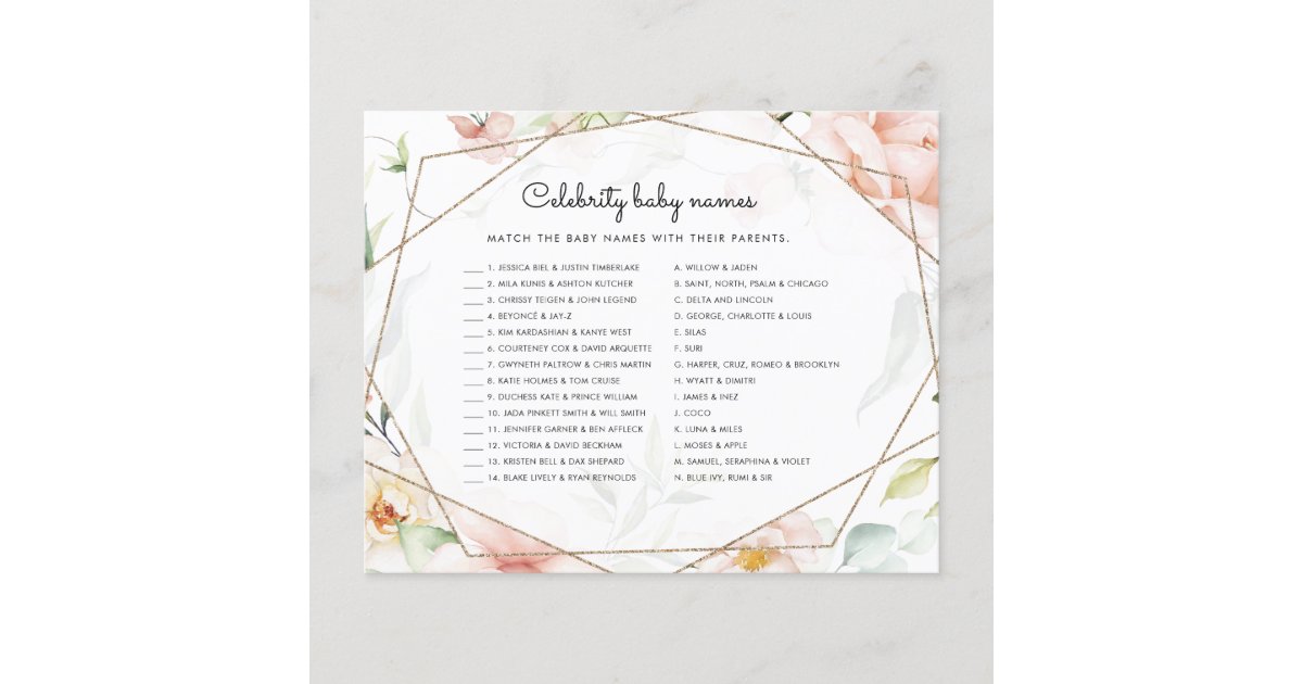 Celebrity Baby Names Girl Floral Baby Shower Game | Zazzle