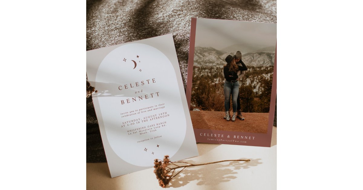 CELESTE Boho Moon & Stars Terracotta Wedding Invitation | Zazzle