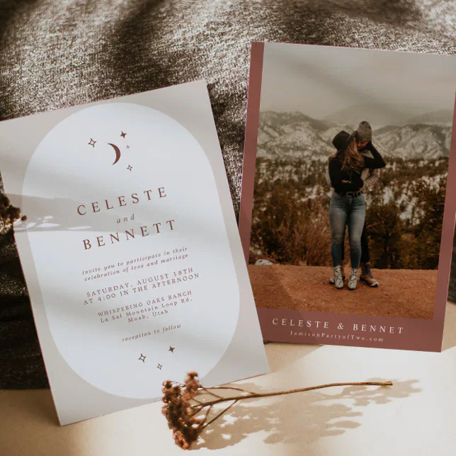 CELESTE Boho Moon & Stars Terracotta Wedding Invitation | Zazzle