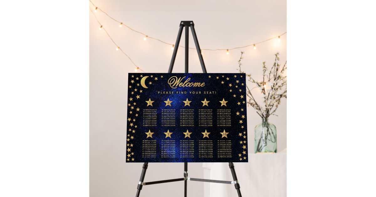Celestial 10 Tables Seating Chart Gold Stars Blue Foam Board | Zazzle