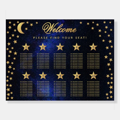 Celestial 10 Tables Seating Chart Gold Stars Blue Foam Board | Zazzle