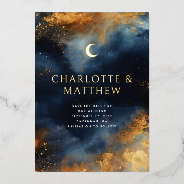 Celestial Abstract Blue Golden Moon Save the Date Foil Invitation | Zazzle