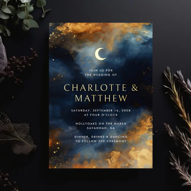 Celestial Abstract Blue Golden Moon Wedding Foil Invitation | Zazzle