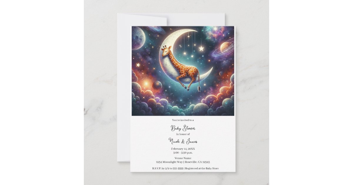 Celestial Baby Giraffe Sleeping on Moon & Stars Invitation | Zazzle