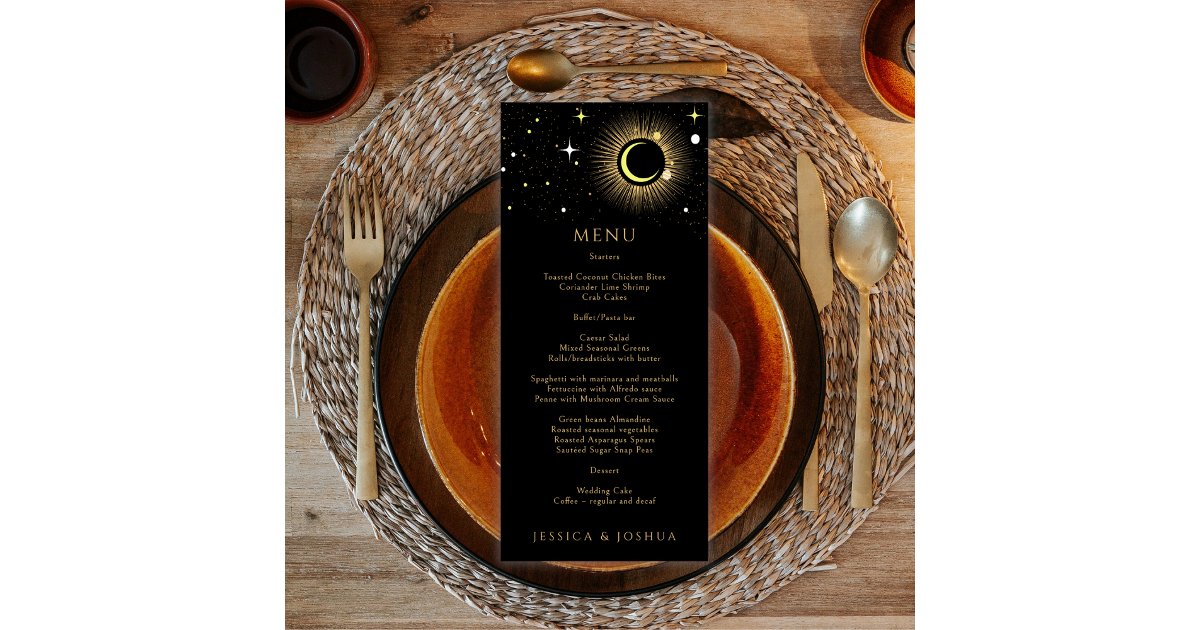 Celestial Black Galaxy Star Dust Wedding Menu | Zazzle