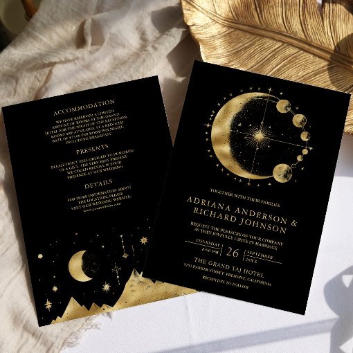 Celestial Black Gold Crescent Moon Phases Wedding Invitation | Zazzle