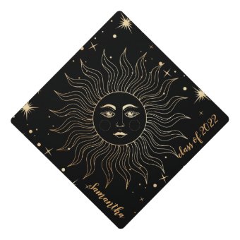 Celestial Black Gold Sun Stars Universe Name Graduation Cap Topper | Zazzle
