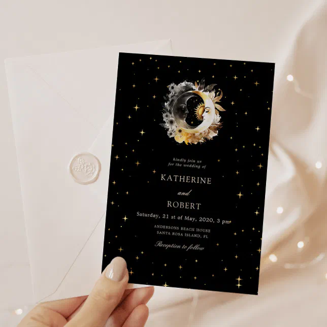 Celestial Black Golden Moon Wedding Invitation | Zazzle