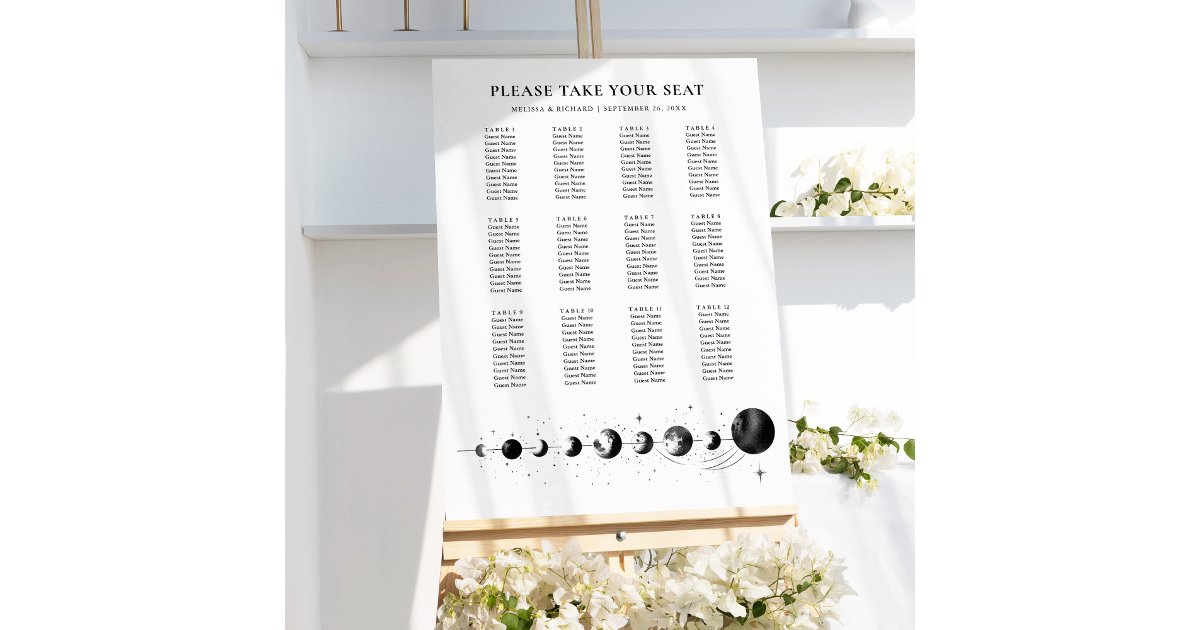 Celestial Black White Moon Wedding Seating Chart Foam Board | Zazzle