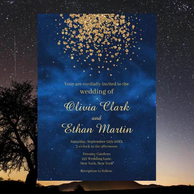 Celestial Blue Galaxy Gold Confetti Wedding Invitation | Zazzle