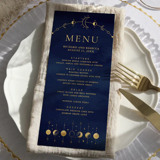 Celestial Blue Gold Crescent Moon Phases Wedding Menu | Zazzle
