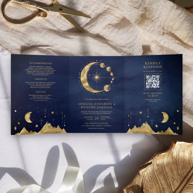 Celestial Blue Gold Crescent Moon Phases Wedding Tri-Fold Invitation ...
