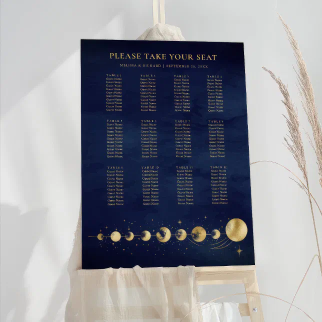 Celestial Blue Gold Moon Wedding Seating Chart Foam Board | Zazzle